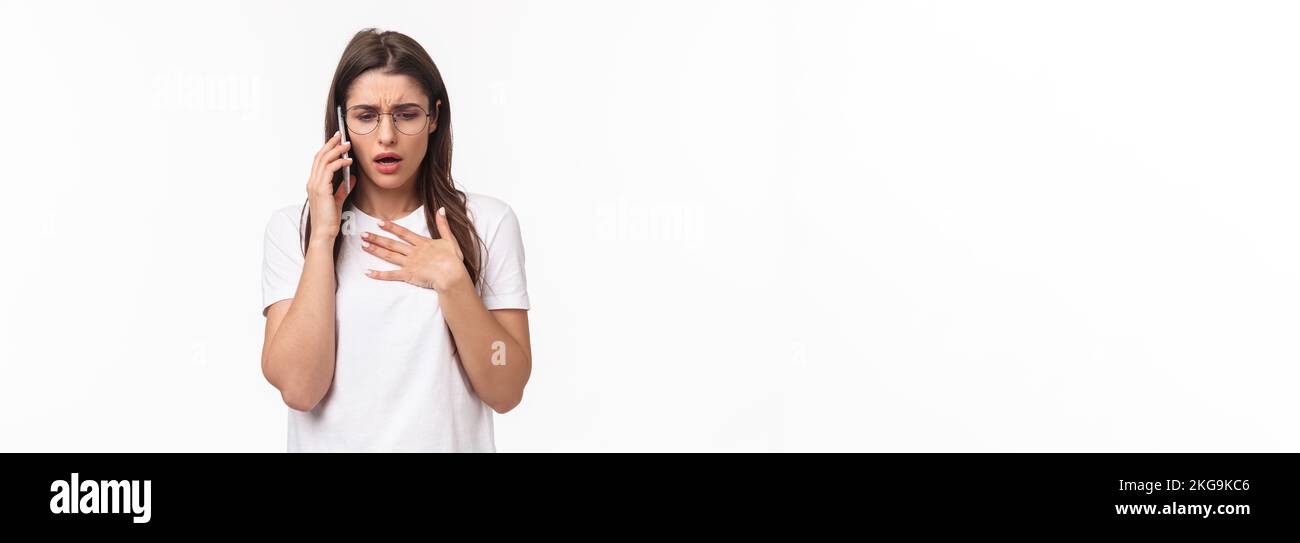 Communication, technology and lifestyle concept. Portrait of concerned ...