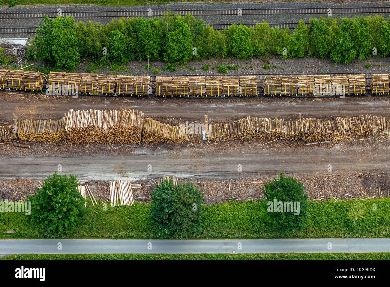 Aerial view, Hüster sawmill,timber loading point on the railroad line ...