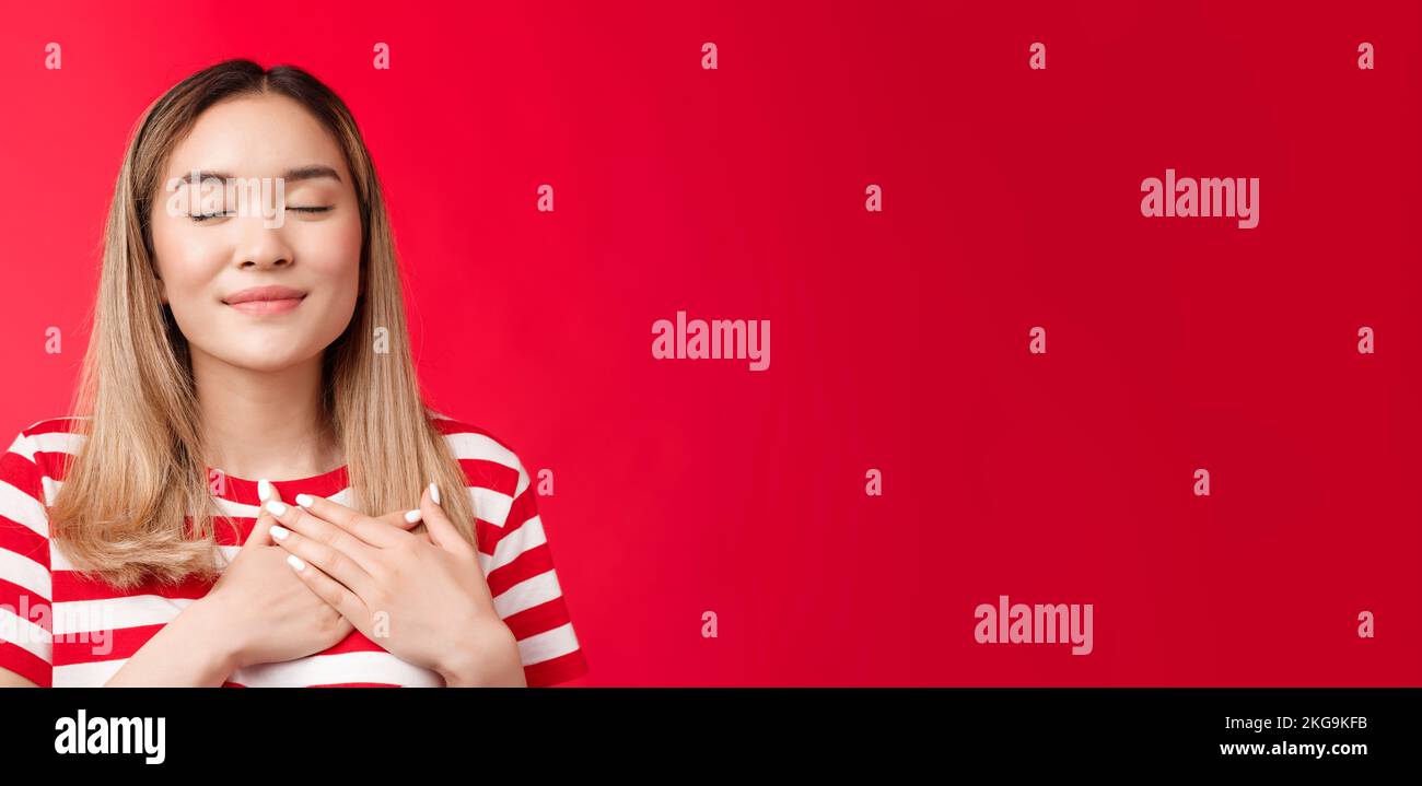 Love warm girls heart. Tender romantic asian woman close eyes feelings ...