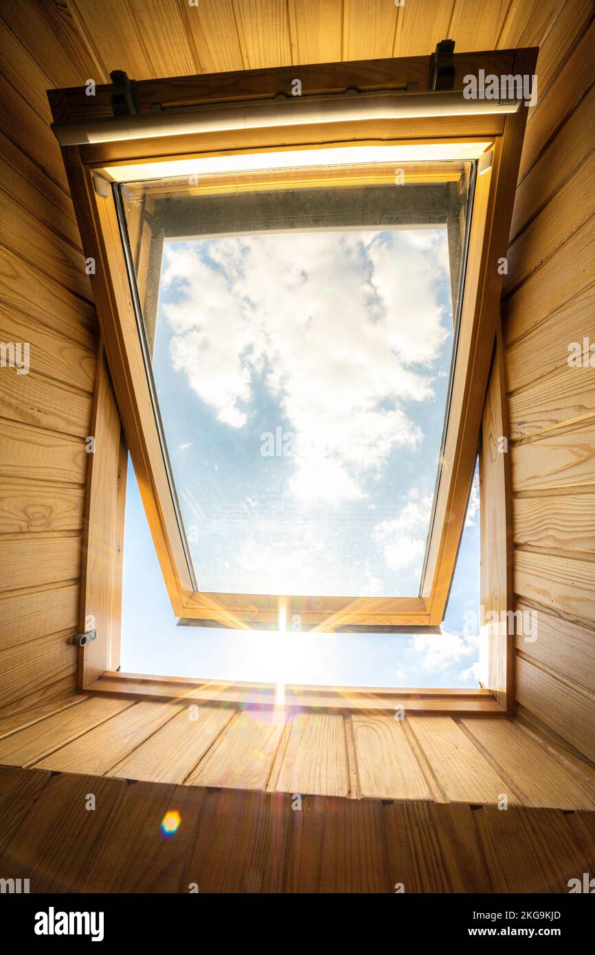 View from window on sun, sunlight through the attic window, light in ...