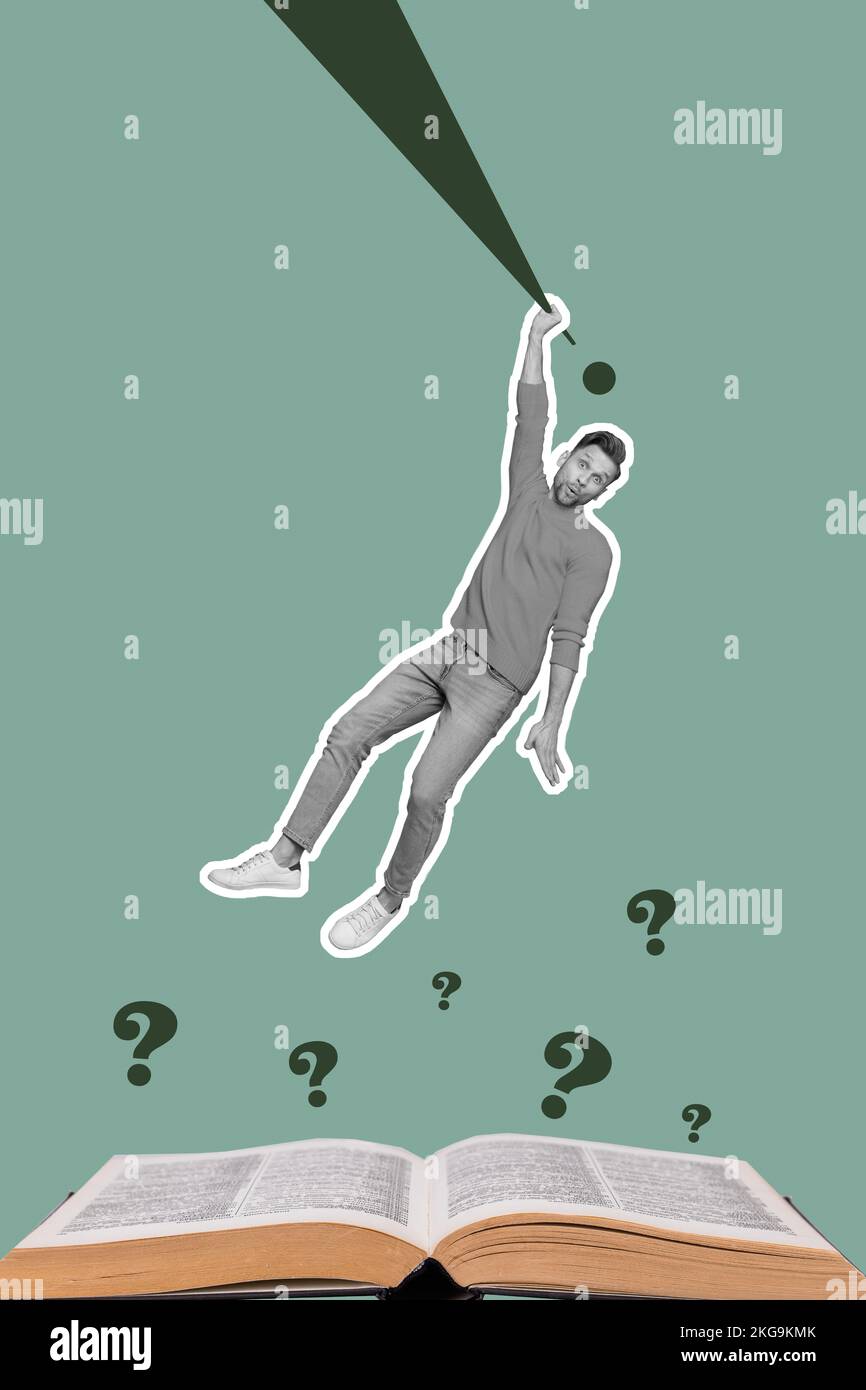 Collage photo of young excited funky guy wear casual outfit hanging air ...