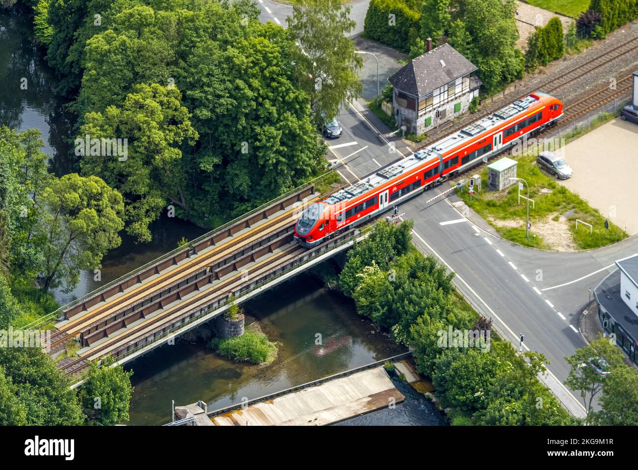 Aerial view, railroad crossing with former signal box Am Bahhof and ...
