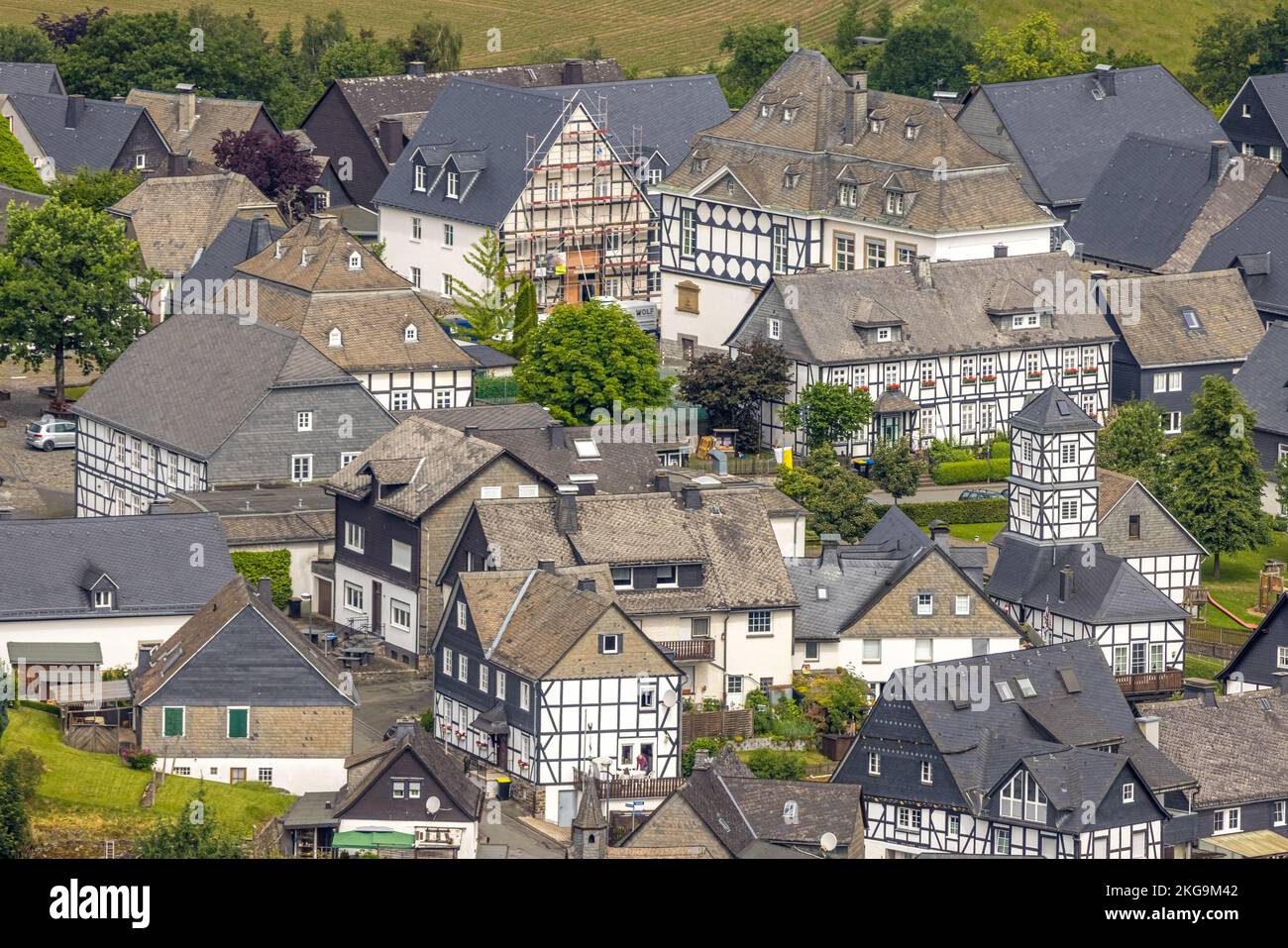 Aerial view, Historic village center Eversberg and half-timbered houses ...