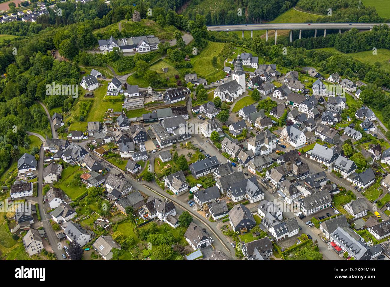 Aerial view, Historic center of Eversberg with town hall and old fire ...