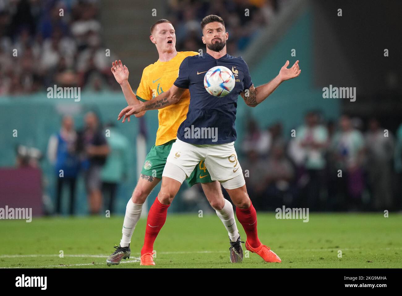 Kye Rowles of Australia and Olivier Giroud of France during the Qatar ...