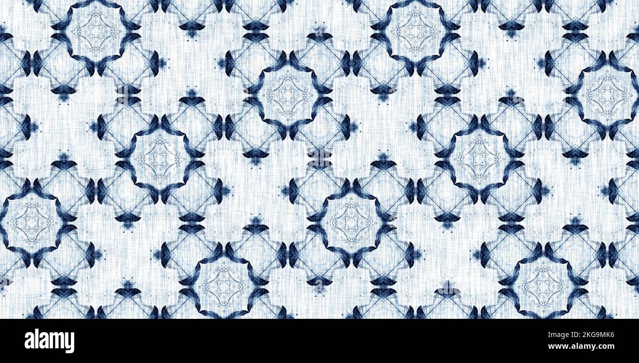 Indigo dye wash coastal damask seamless border pattern. Washed out ...