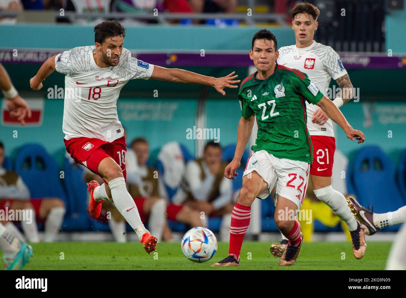 Hirving Lozano of Mexico and Bartosz Bereszynski of Poland during the FIFA World Cup Qatar 2022 ...
