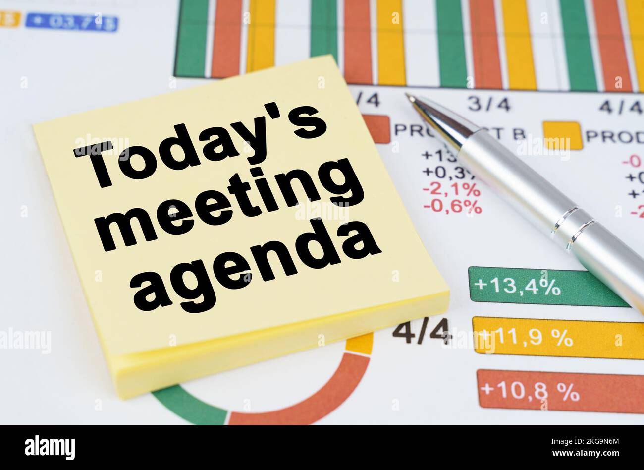 Business concept. On the business charts are a pen and stickers with ...
