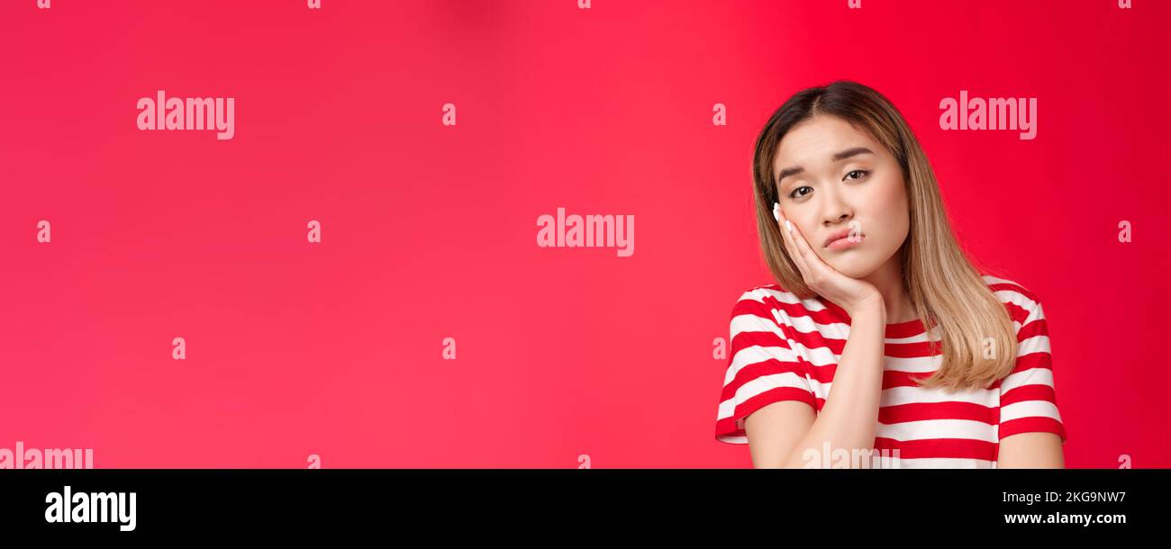 Close-up tired girl express apathy boredom, sighing reluctant look ...