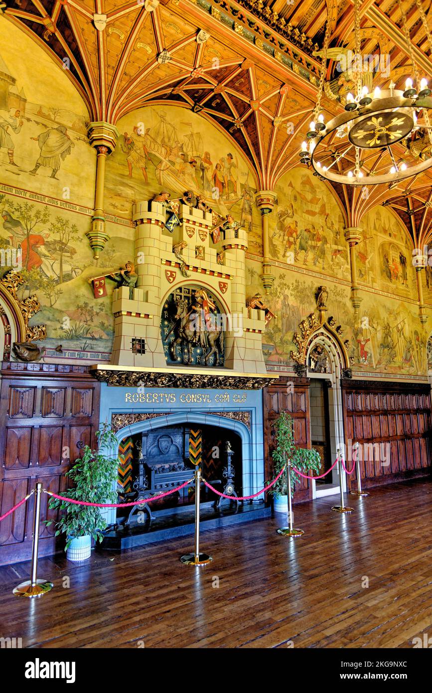 The large, rectangular Banquet Room with murals and a vaulted ceiling ...