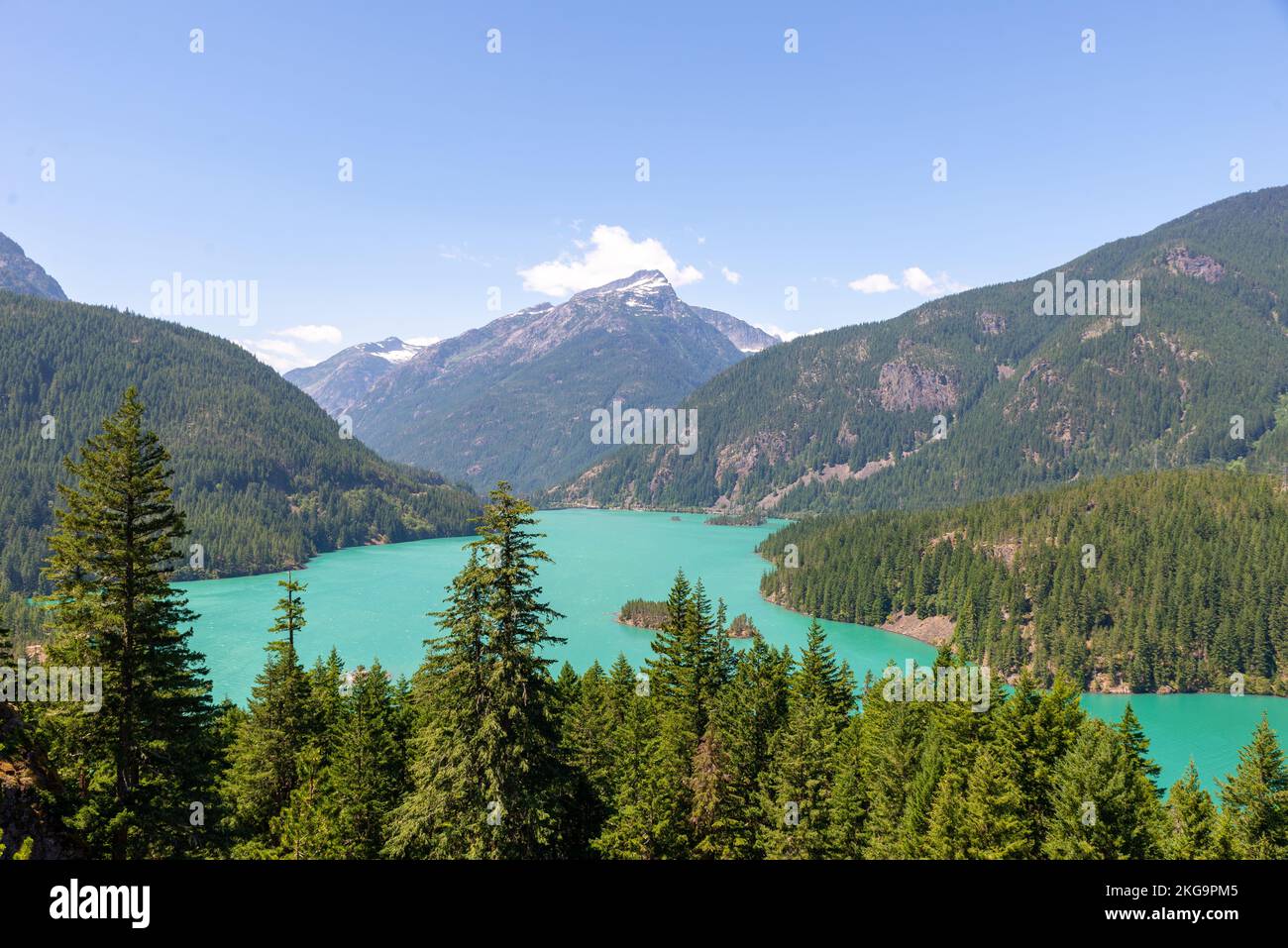 A horizontal landscape of a green river floating between forests of ...