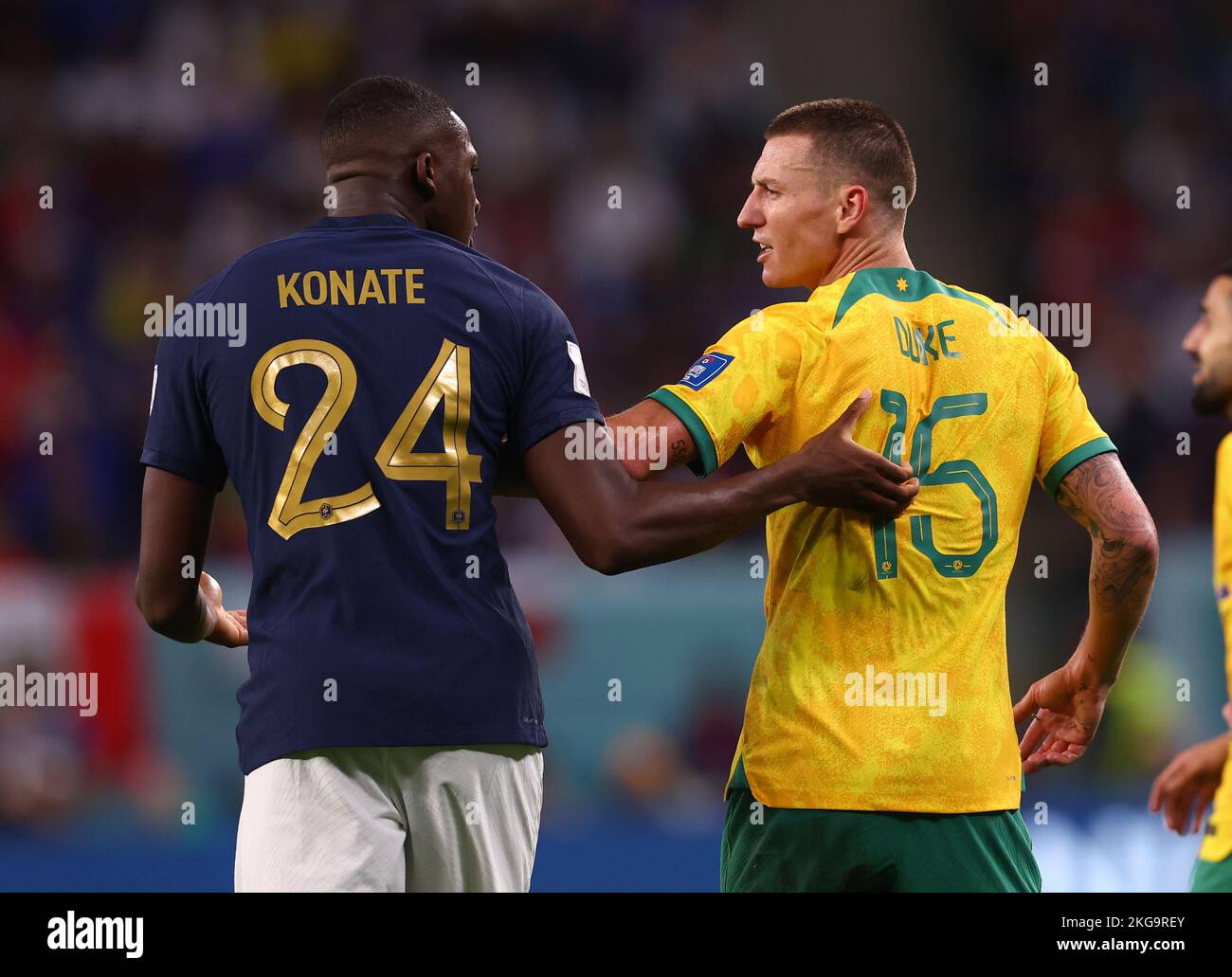 Al Wukair, Qatar, 22nd November 2022. Ibrahima Konate of France argues ...