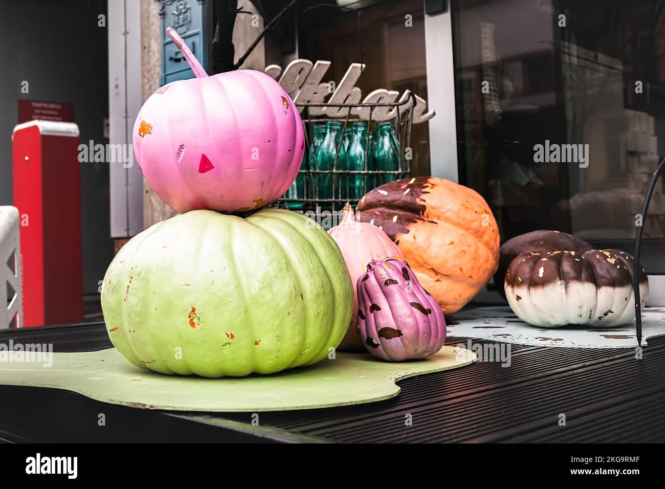 Halloween on the store threshold, decoration of shop Stock Photo - Alamy