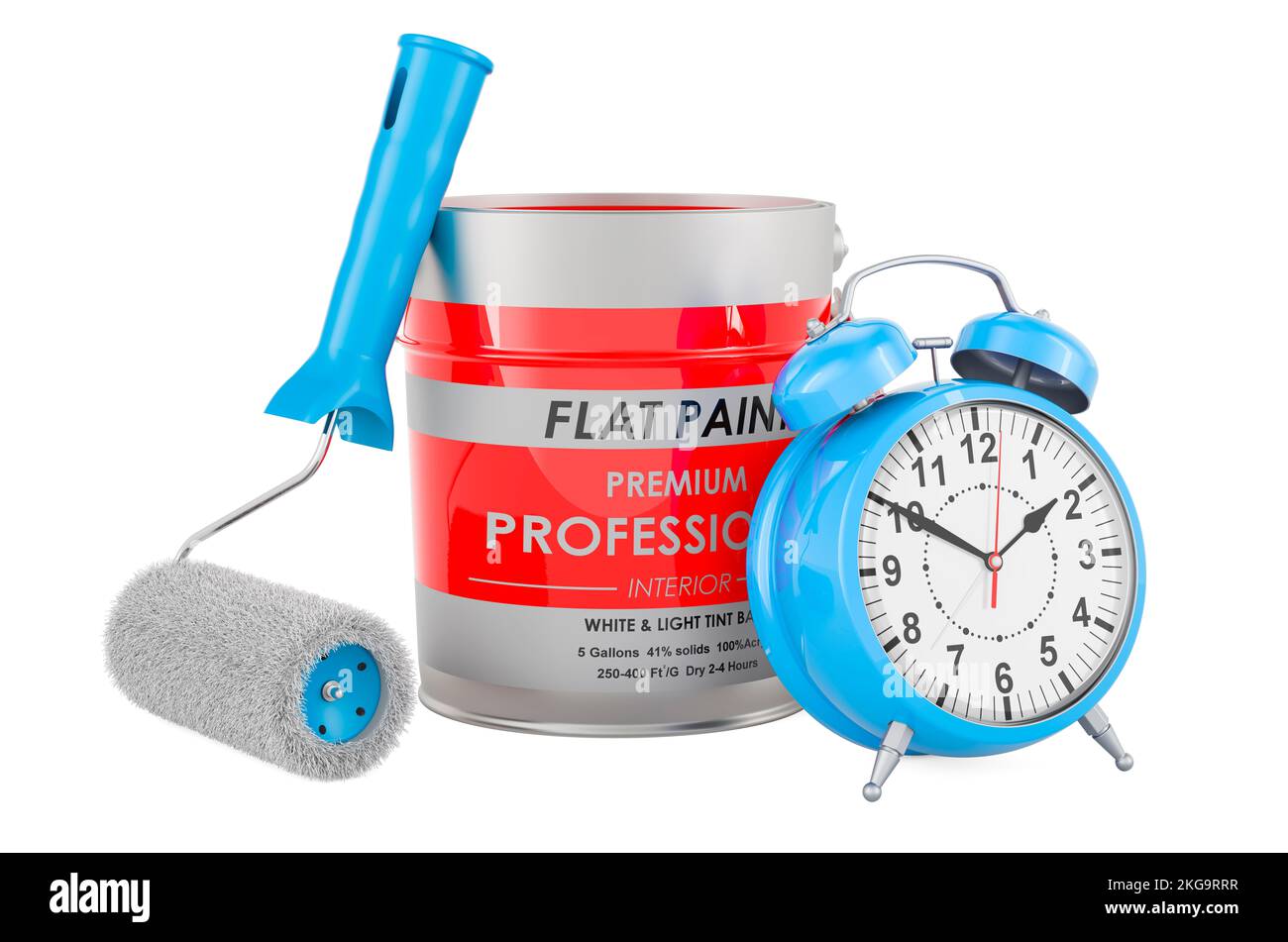 Alarm clock with paint can and roller brush, 3D rendering isolated on ...
