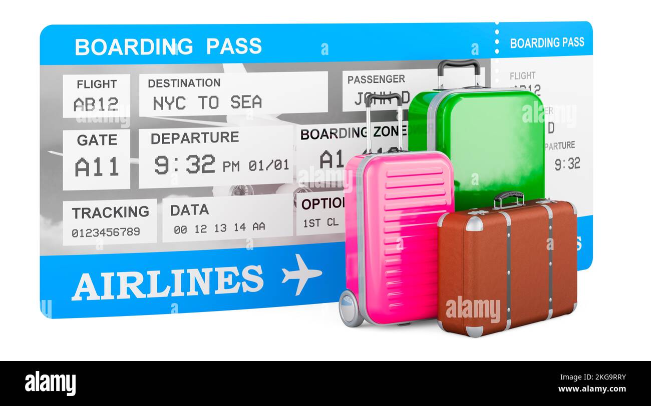 Airline boarding pass ticket and baggage. Travel concept, 3D rendering ...