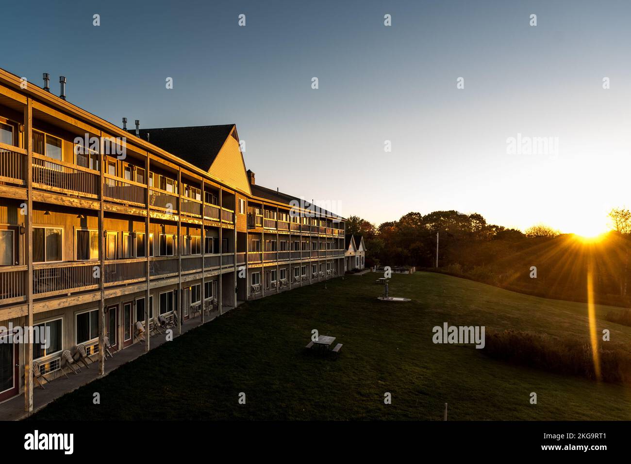 A scenic shot of a building in the Acadia National Park at sunset in ...