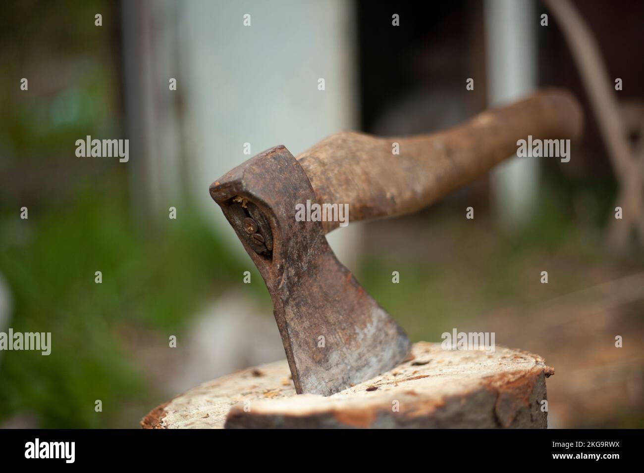 Axe in log. Axe for chopping firewood. Garden tool. Old rusty axe Stock ...