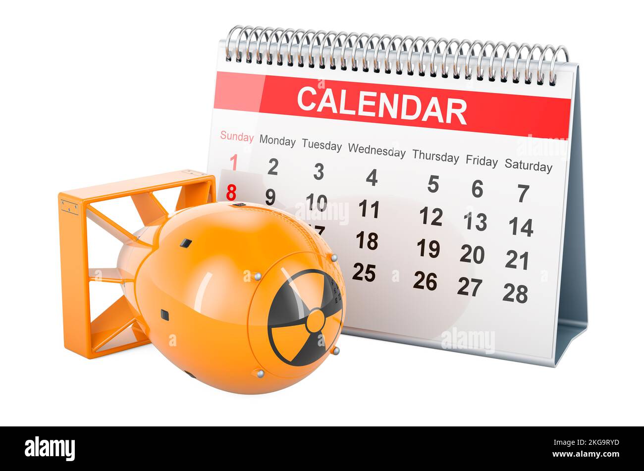 Desk calendar with atomic bomb, 3D rendering isolated on white ...
