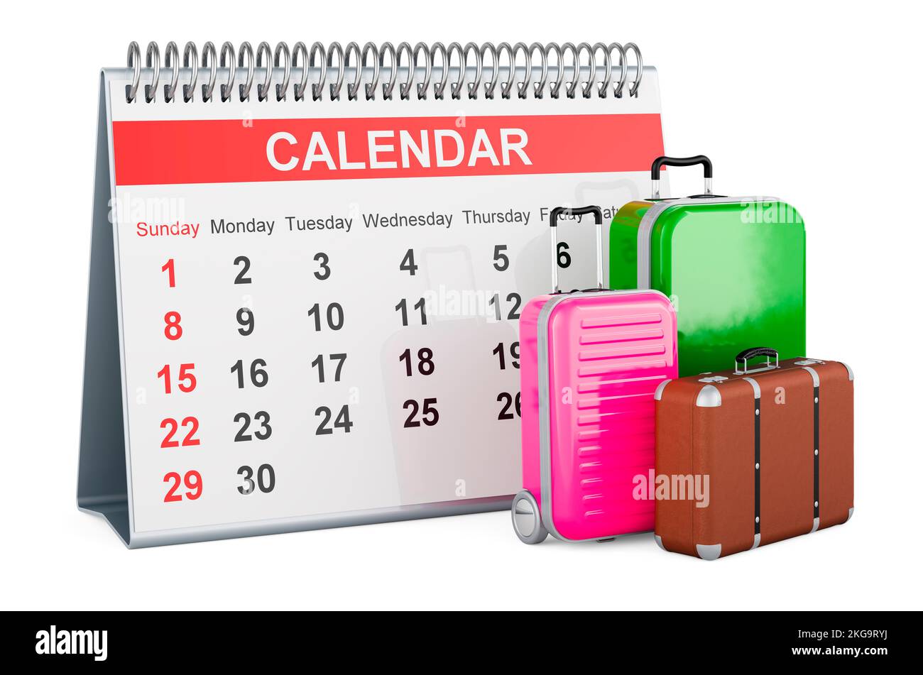 Suitcases with desk calendar. Travel Calendar concept, 3D rendering ...