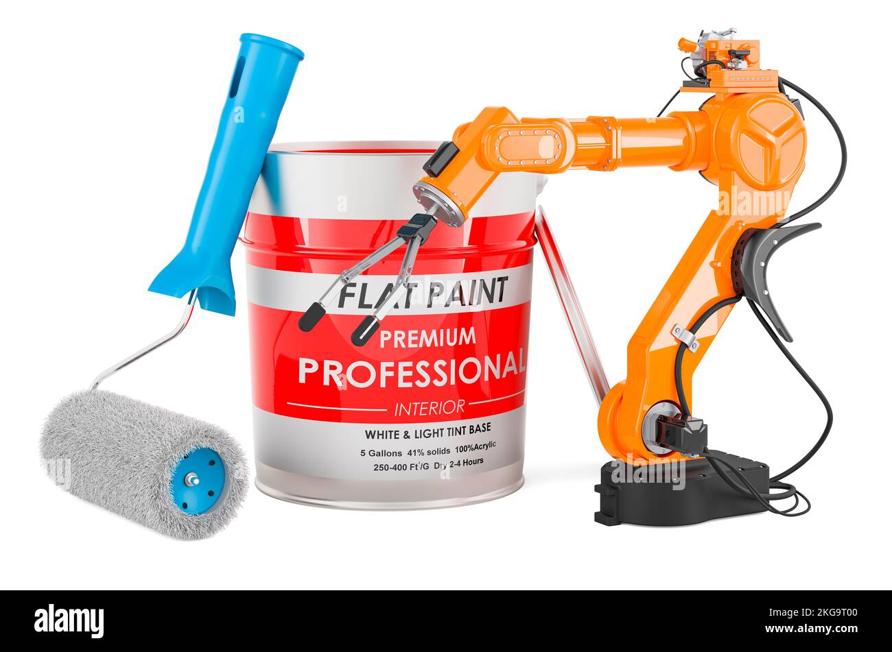 Robotic Arm with paint can and roller brush, 3D rendering isolated on ...