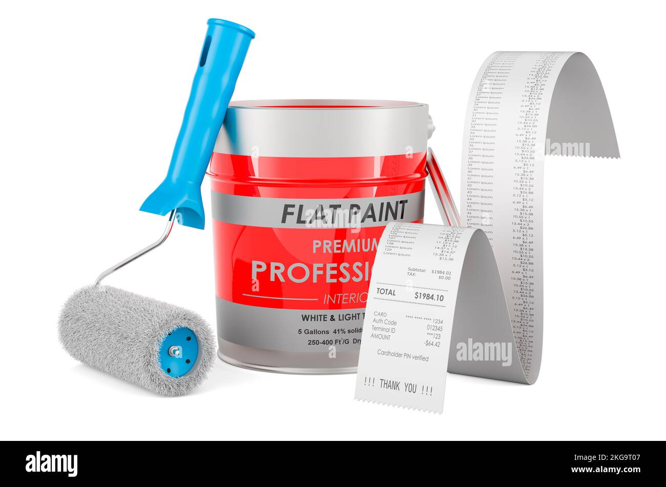 Paint and roller brush with printed receipt. 3D rendering isolated on ...