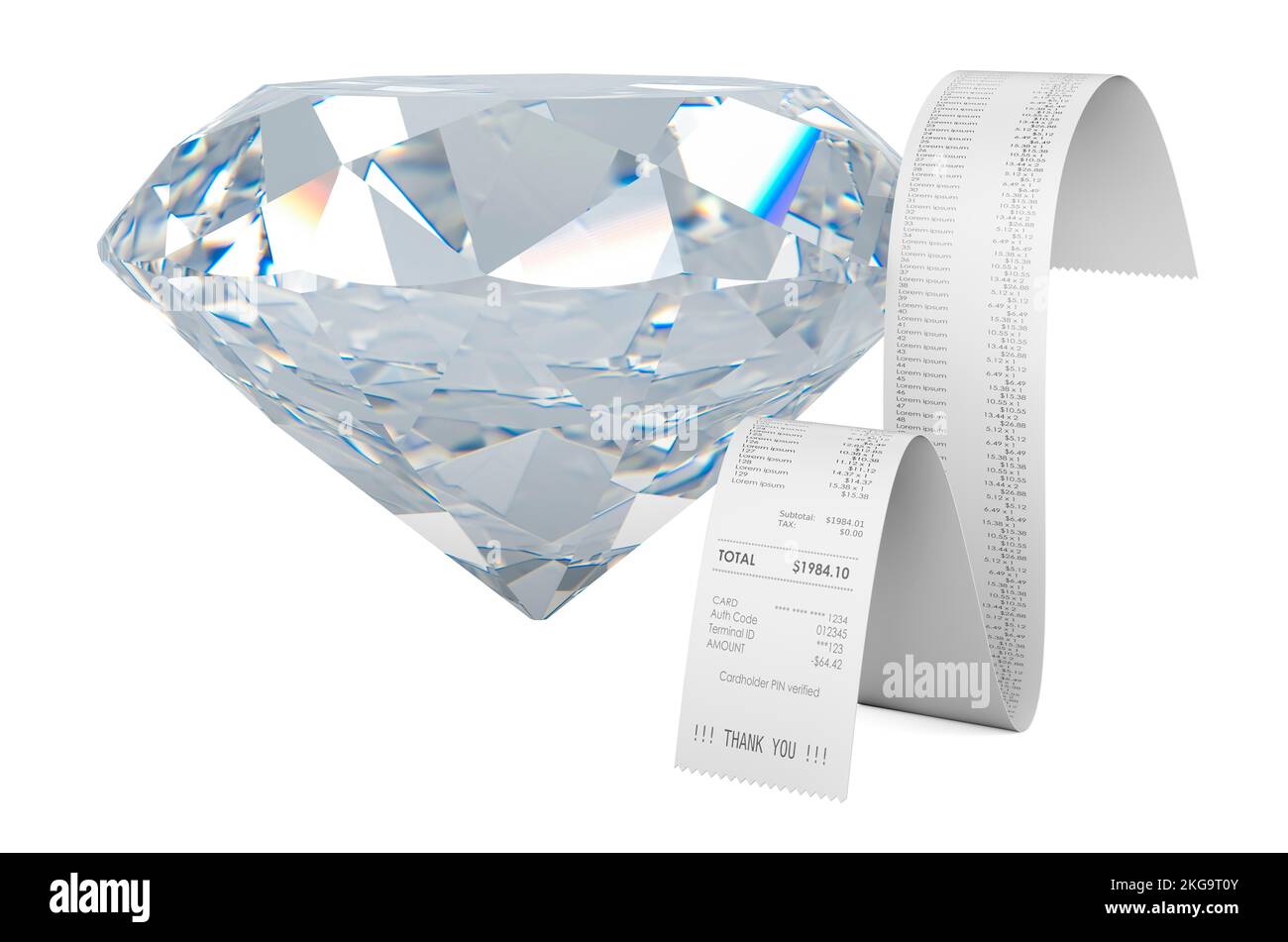 Printed receipt, bill with diamond, 3D rendering isolated on white ...