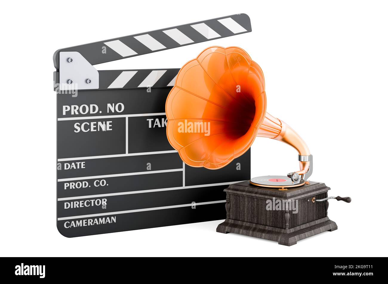Retro movie concept. Clapperboard with vintage gramophone, 3D rendering ...