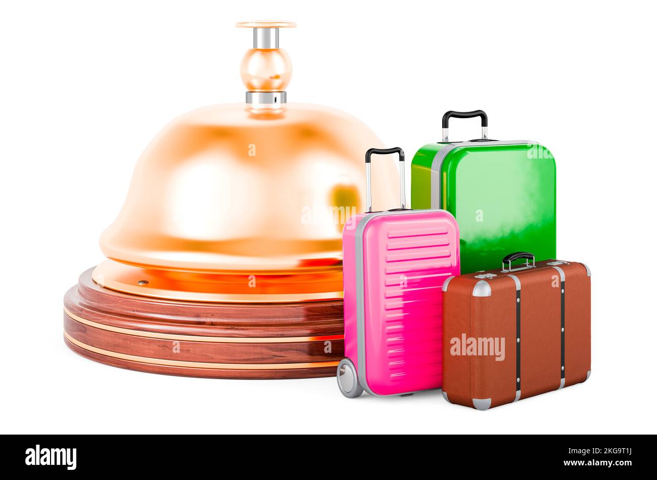 Suitcases with reception bell. Booking service and travel concept, 3D ...