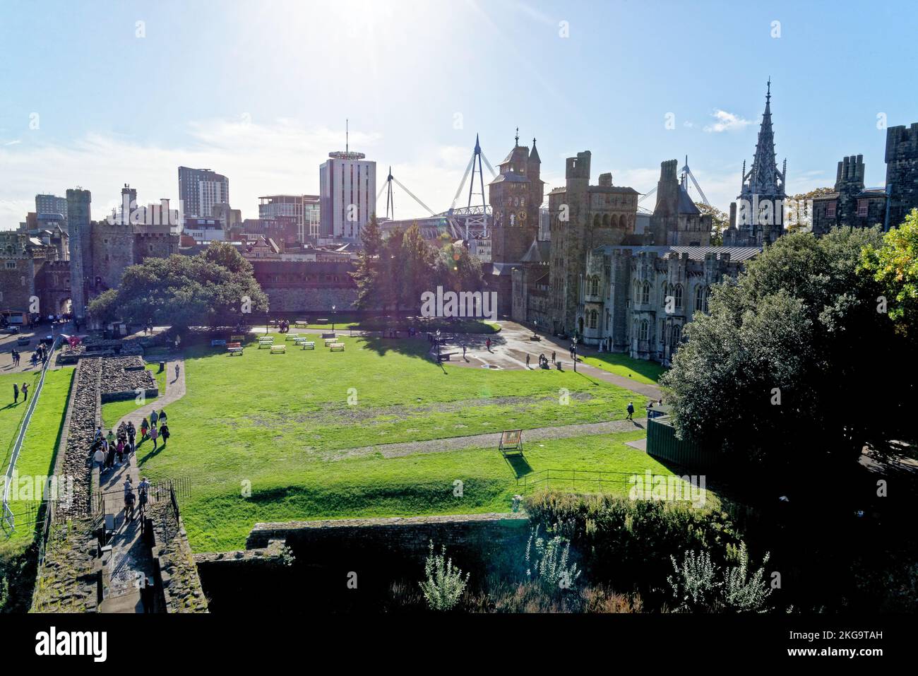 Cardiff Castle and the Millennium Stadium from the Castle Keep. Cardiff ...