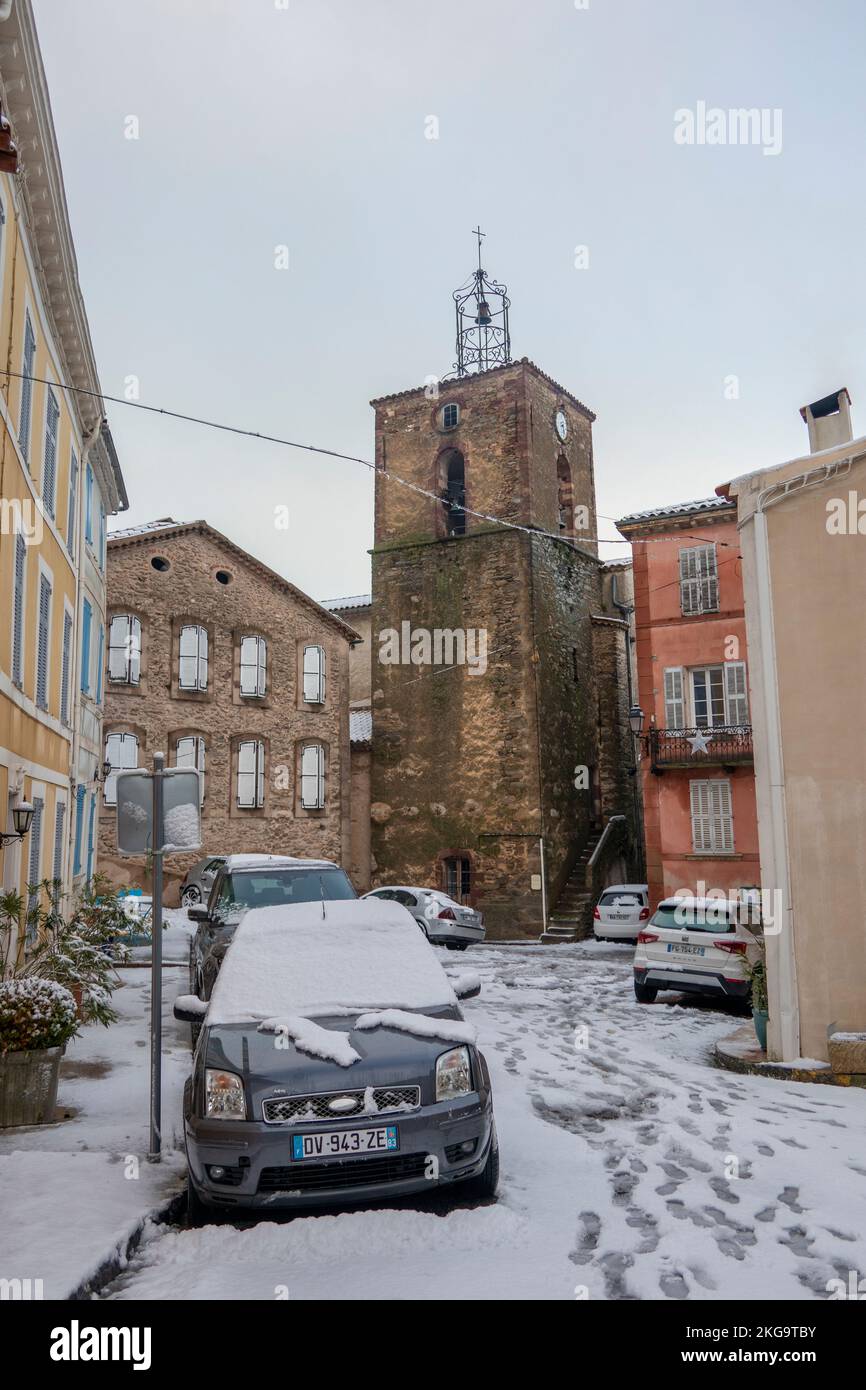 La Garde-Freinet, at winter, under the snow, french village in the ...