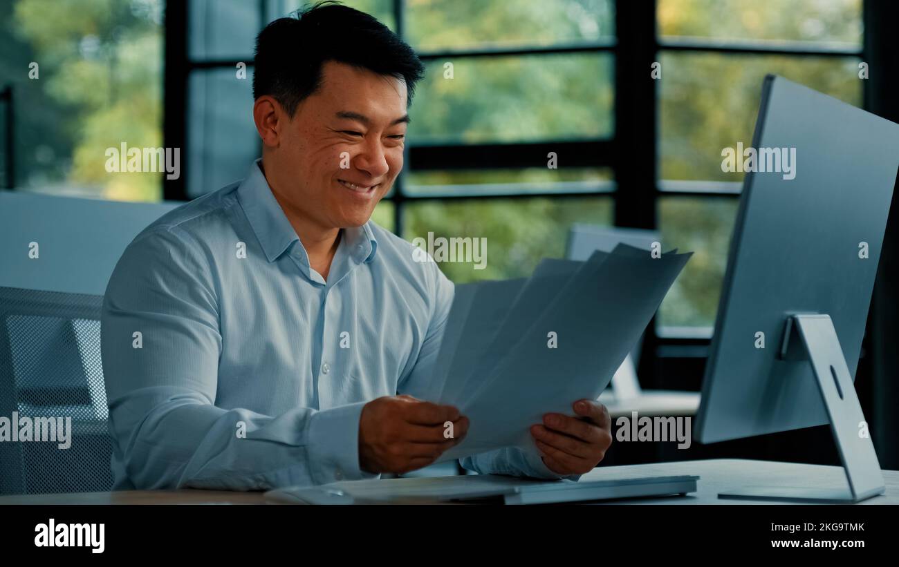 Emotional happy asian man businessman clerk specialist worker chinese ...
