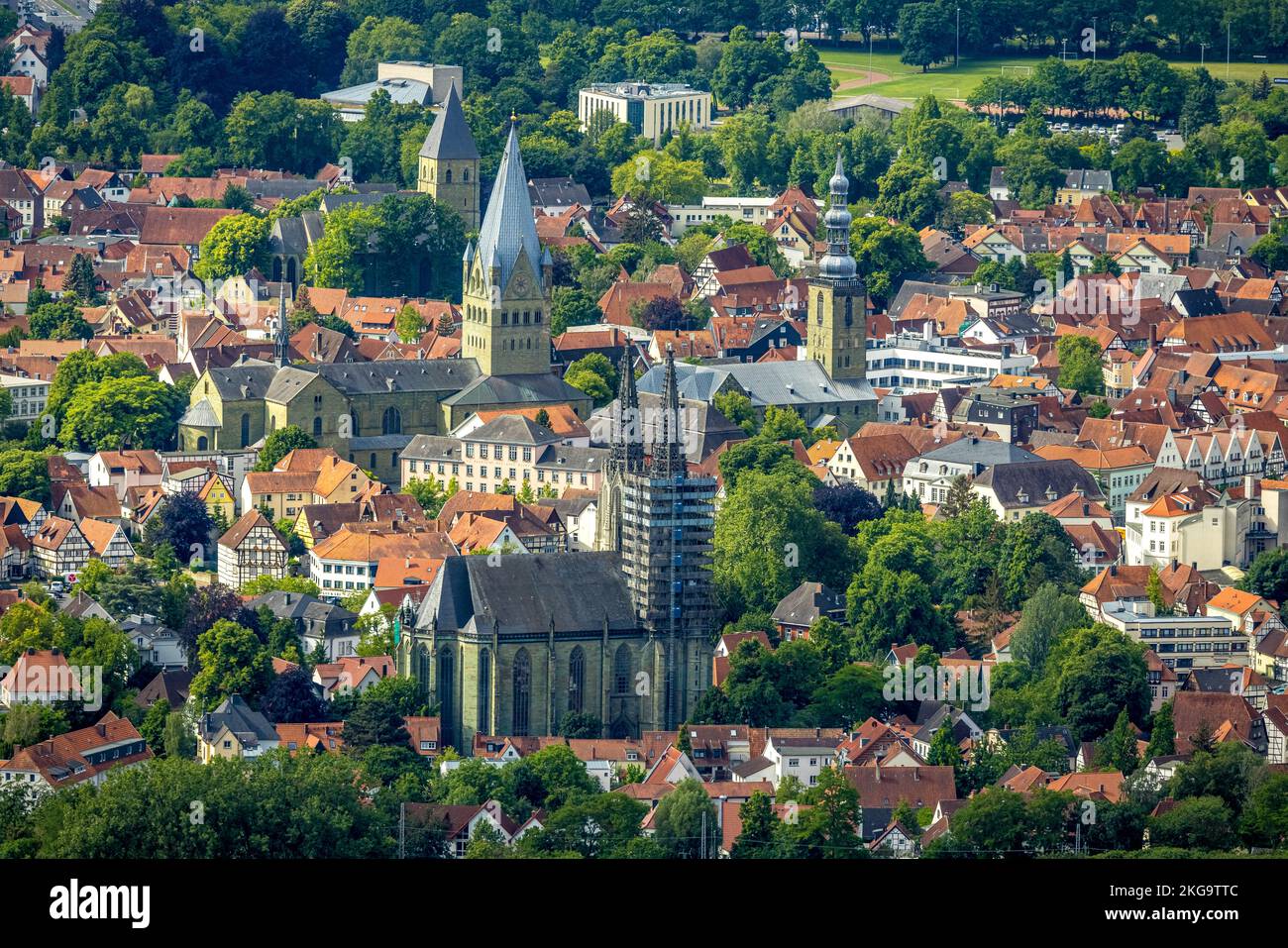 Aerial view, old town with (from front) evang. church Sankt Maria zur ...