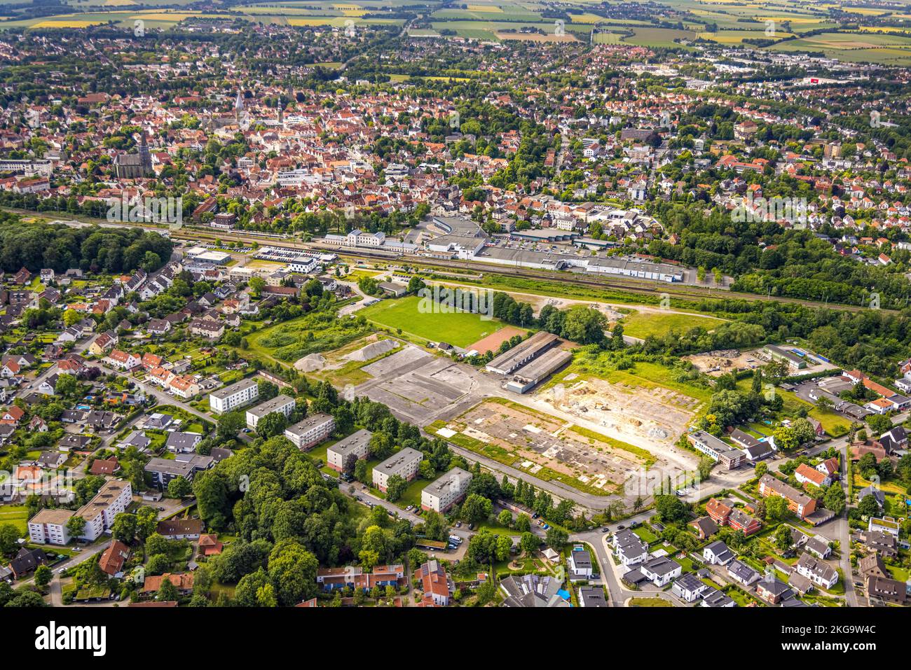 Aerial view, sports field TuS-Jahn Soest and construction site ...