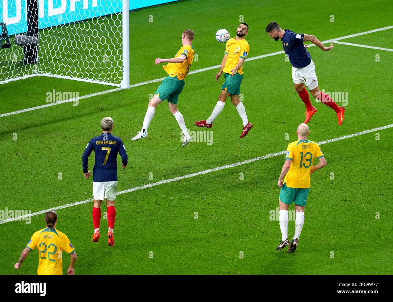 France's Olivier Giroud (top right) scores their side's fourth goal of ...