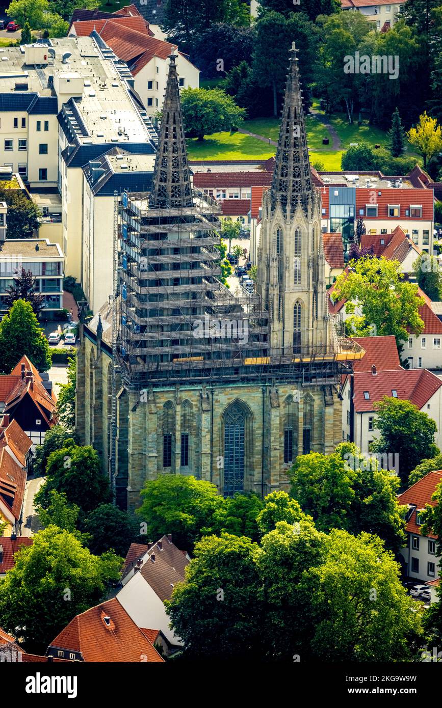 Aerial view, church tower renovation of the evangelic church Sankt ...