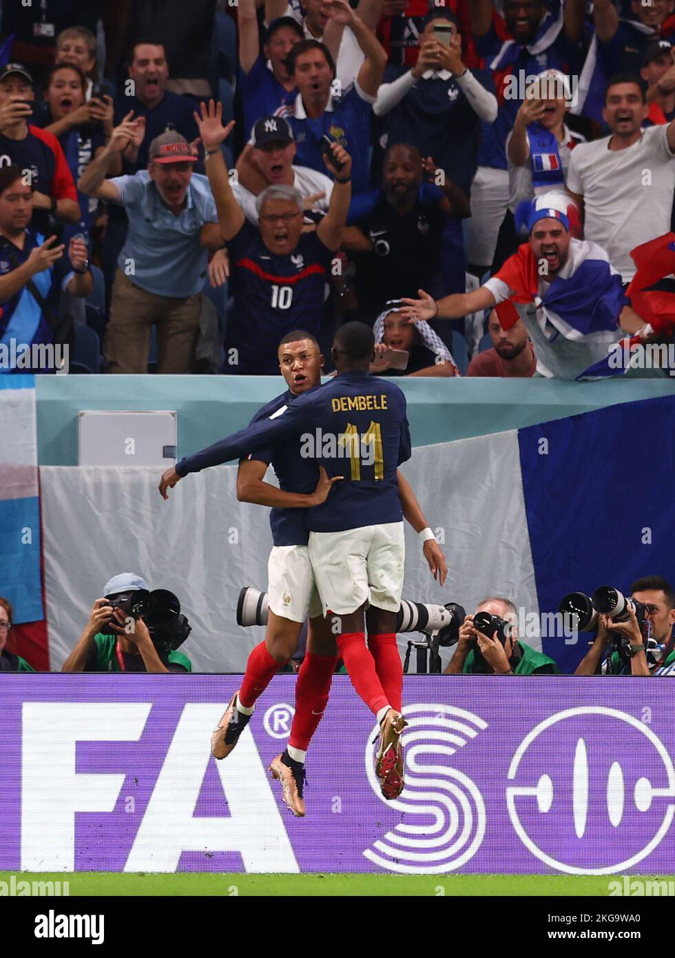 Al Wukair, Qatar, 22nd November 2022. Kylan Mbappe of France celebrates ...