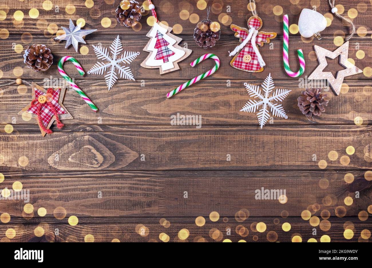 Beautiful Christmas composition on wood background with Christmas ...