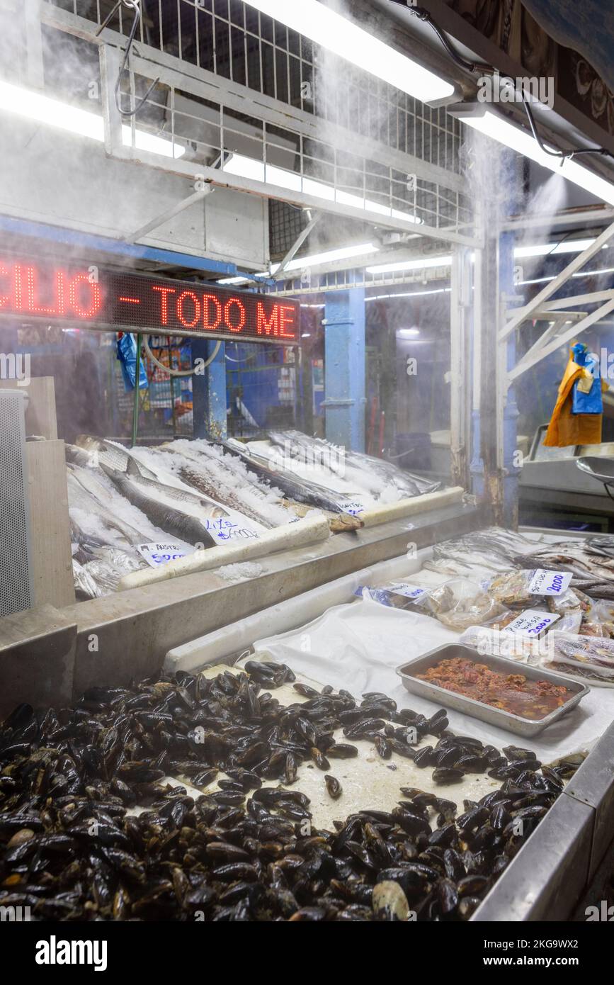 Seafood stand at the Central Market (Mercado Central) in Santiago de ...