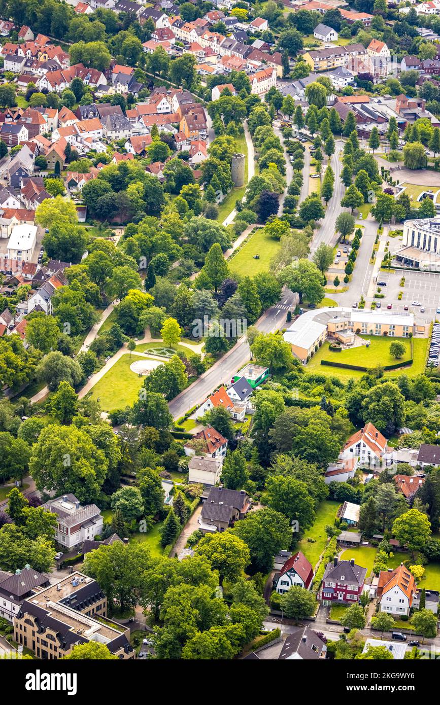 Aerial view, rose garden with fountain and Hotel am Wall, Soest ...