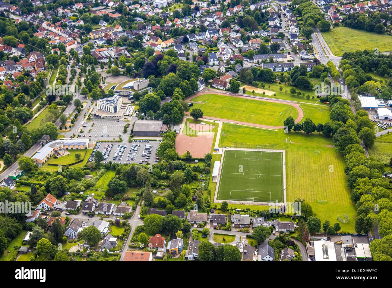 Aerial view, sports facility Jahn Stadium, city hall, Hotel Susato and ...