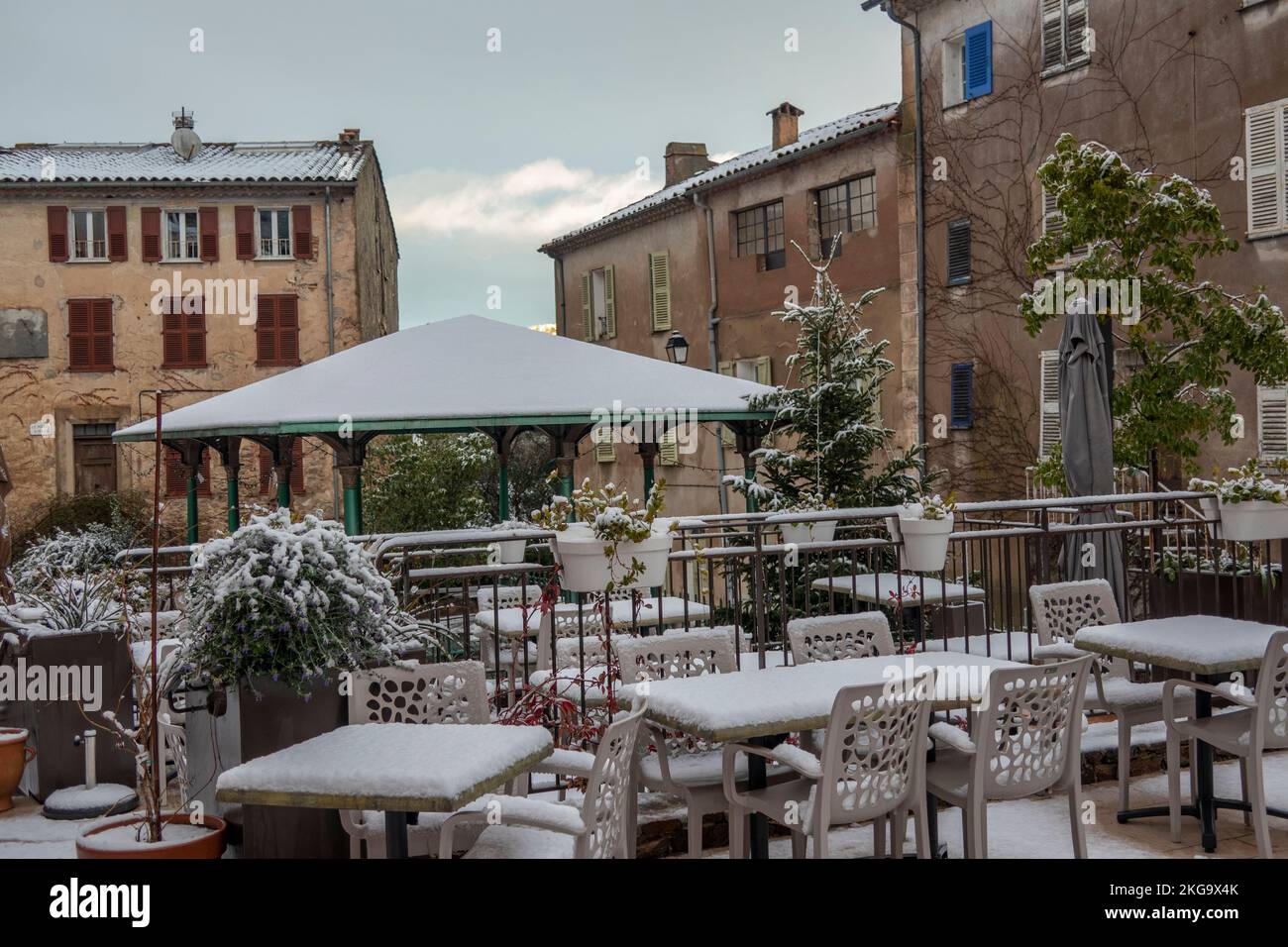 La Garde-Freinet, at winter, under the snow, french village in the ...