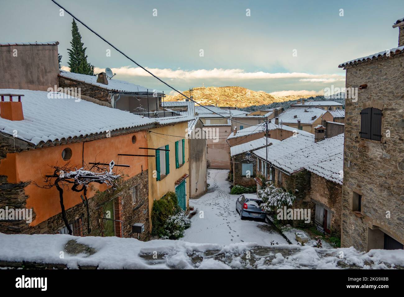 La Garde-Freinet, at winter, under the snow, french village in the ...