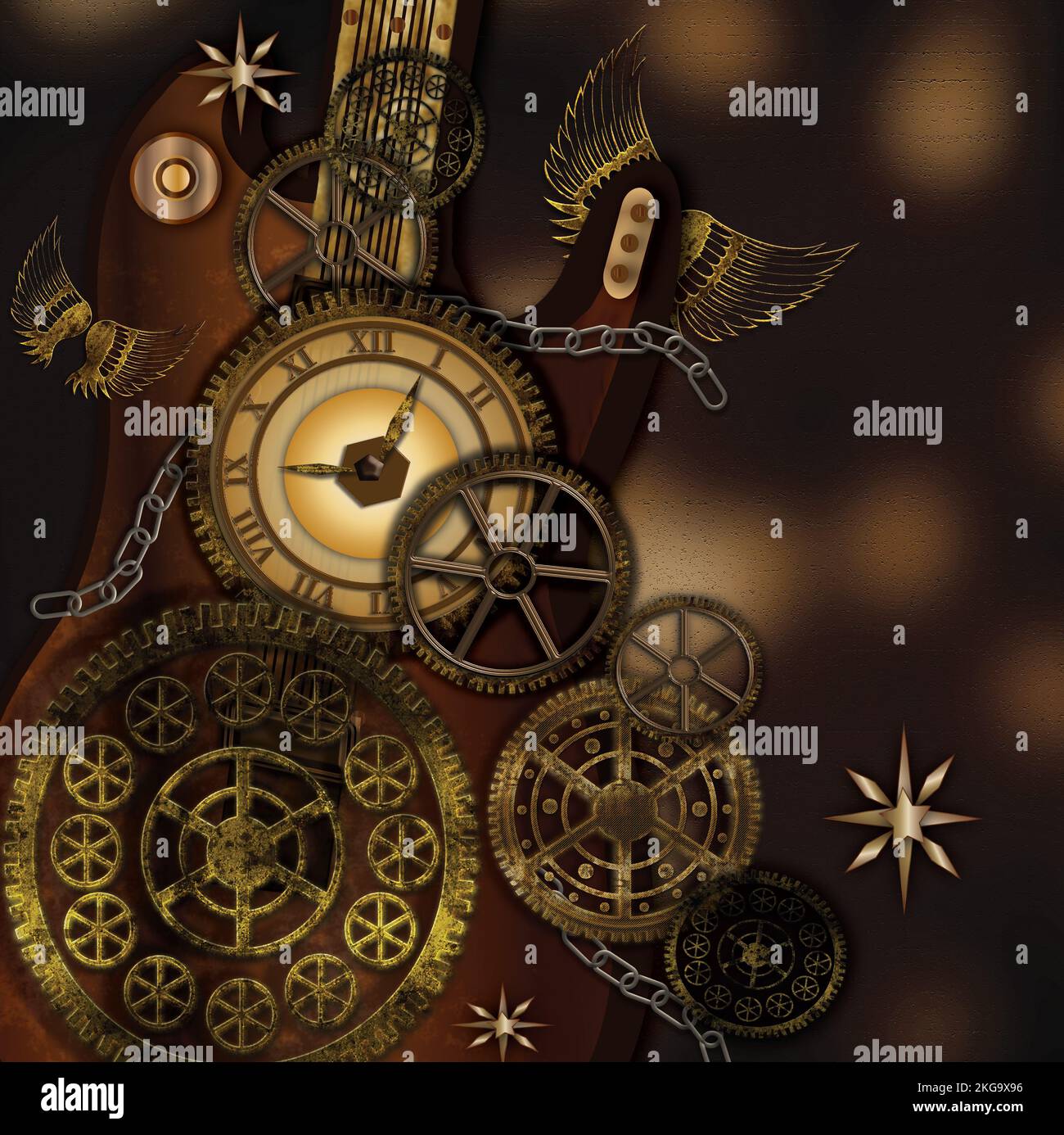 Steam Punk Graphic Illustration of different gears, guitar, and a clock ...