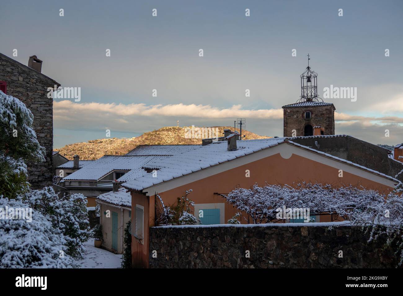 La Garde-Freinet, at winter, under the snow, french village in the ...