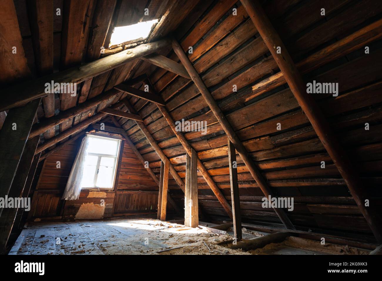 Abstract grunge wooden interior, perspective view of abandoned attic ...