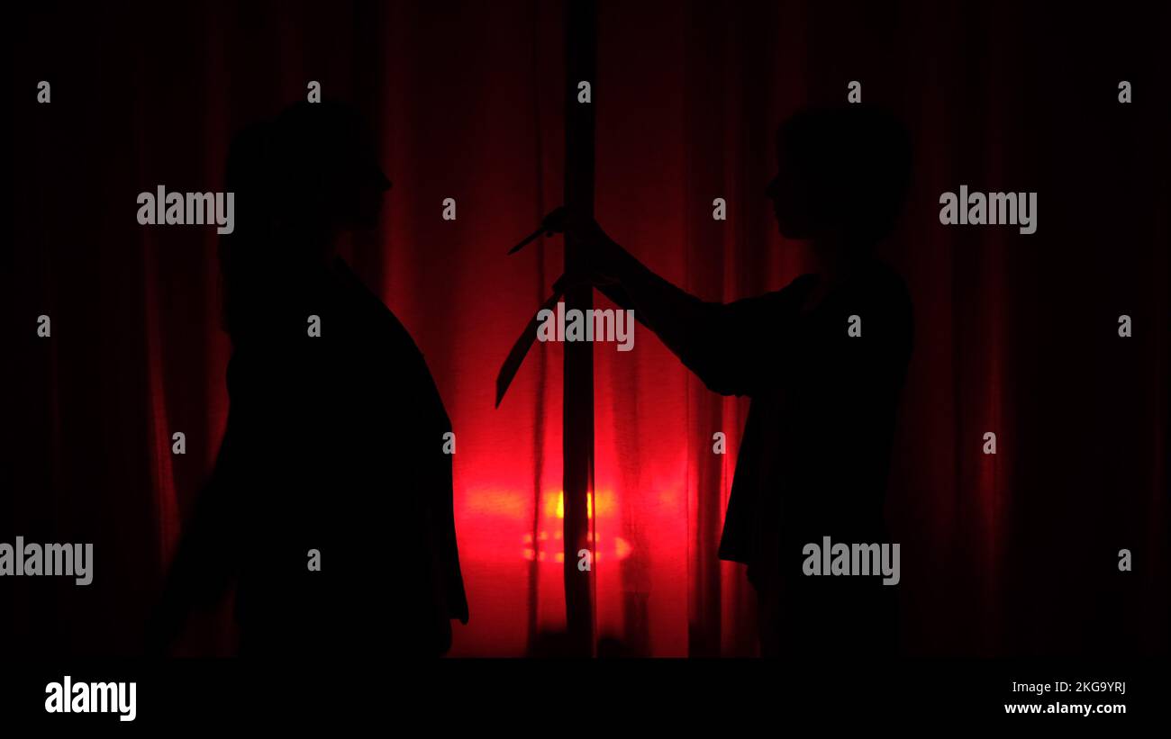 silhouette of woman sign papers on a dark red background. Contract with ...