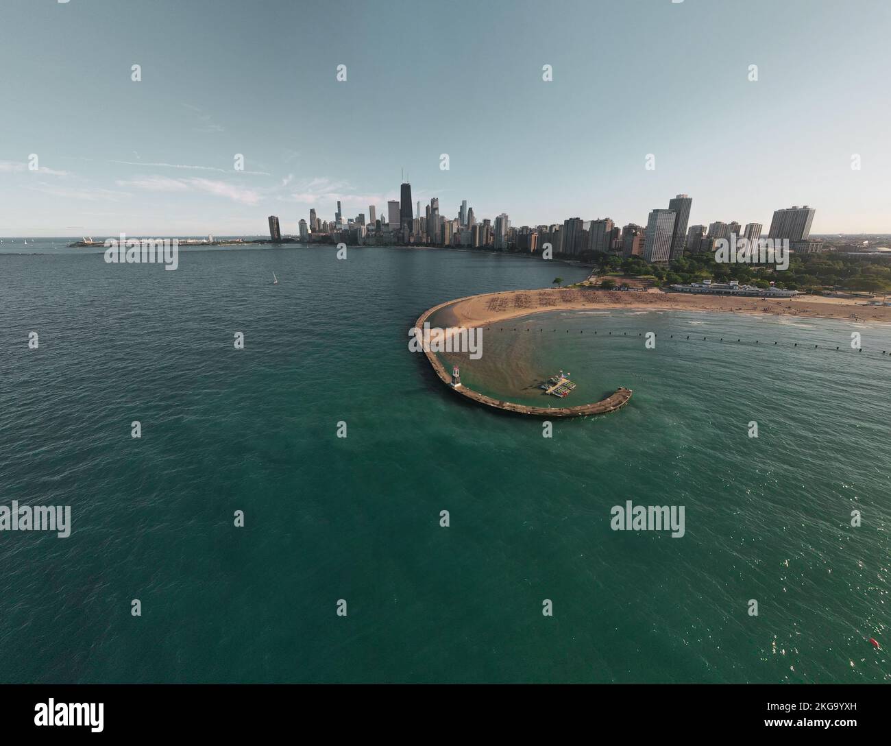 A drone shot of the North Avenue Beach in Lincolns park in Chicago ...