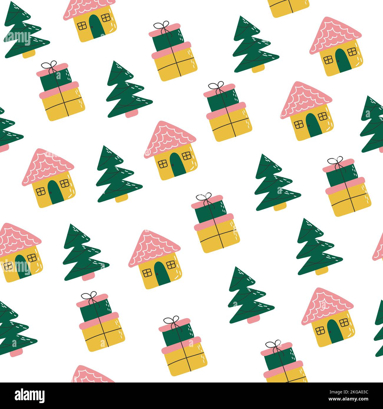 Seamless pattern with winter houses, trees and gifts. Creative ...