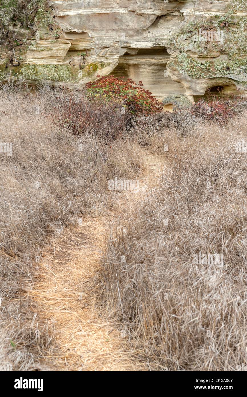 A view of a hiking trail leading to a beautiful sandstone formation ...