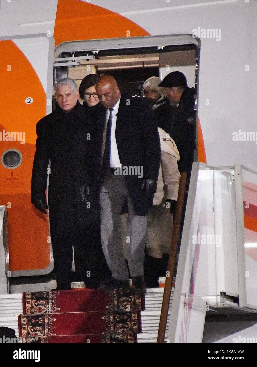 Cuban President Miguel Diaz-Canel (left), who arrived to attend the ...